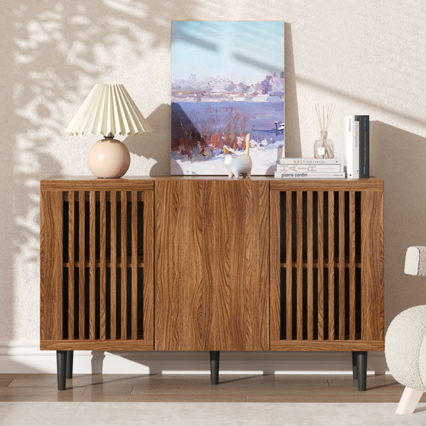 Ebern Designs Storage Cabinet, 47.2” Buffet Cabinet With 3 DIY Doors And Adjustable Shelves ...